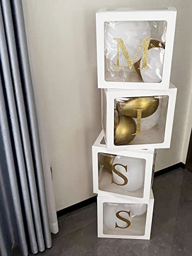 Fonder Mols 4PCS White Transparent Balloon Boxes with Gold Glittered MISS TO MRS Letters for Wedding Party Bridal Shower Engagement Decorations (No Balloons)