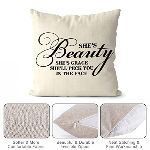 Farmhouse Pillow Covers 18x18 She's Beauty,She's Grage She'll Peck You in The Face Cotton Linen Throw Pillow Covers Decorative Home Decor Square She's Beauty Cushion Case for Couch