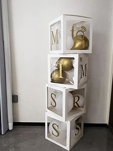 Fonder Mols 4PCS White Transparent Balloon Boxes with Gold Glittered MISS TO MRS Letters for Wedding Party Bridal Shower Engagement Decorations (No Balloons)