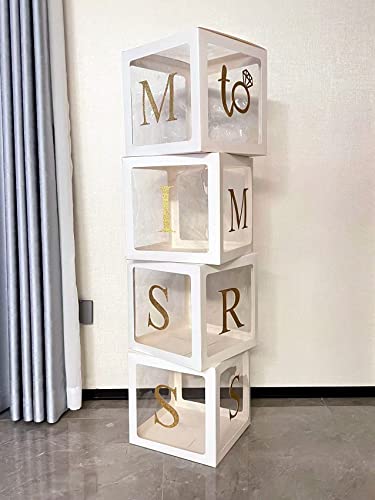 Fonder Mols 4PCS White Transparent Balloon Boxes with Gold Glittered MISS TO MRS Letters for Wedding Party Bridal Shower Engagement Decorations (No Balloons)