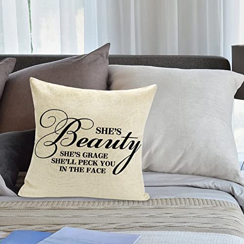 Farmhouse Pillow Covers 18x18 She's Beauty,She's Grage She'll Peck You in The Face Cotton Linen Throw Pillow Covers Decorative Home Decor Square She's Beauty Cushion Case for Couch