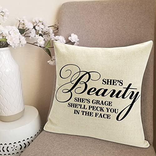 Farmhouse Pillow Covers 18x18 She's Beauty,She's Grage She'll Peck You in The Face Cotton Linen Throw Pillow Covers Decorative Home Decor Square She's Beauty Cushion Case for Couch