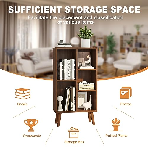 VICLLAX 3-Tier Open Book Shelf with Legs, Storage Walnut Book Shelves, 5 Cube Floor Standing Display Shelf for Home Office, Bedroom, Reading Room