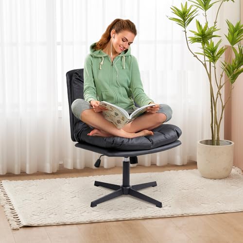 Chummaven High-Back Armless Home Office Chair No Wheels,Pu Leather Office Desk Chair Thick Swivel Rocking Vanity Chair Adjustable Computer Task Chair for Make Up,Small Space,Bedroom,Black