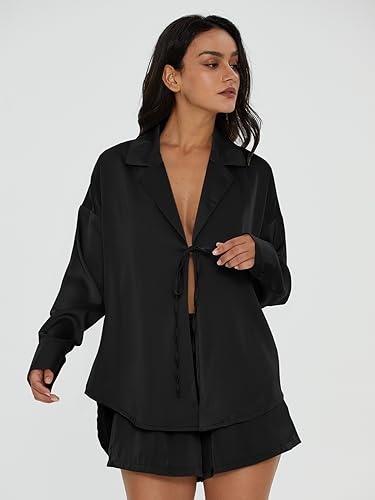 DEEP SELF Women's Silk Pajama Sets Tie Front Long Sleeve Shirts and Shorts Satin Pj Set Soft Two Piece Sleepwear with Pockets (Black, Medium)