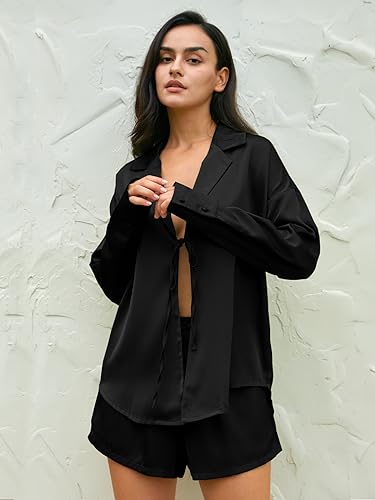 DEEP SELF Women's Silk Pajama Sets Tie Front Long Sleeve Shirts and Shorts Satin Pj Set Soft Two Piece Sleepwear with Pockets (Black, Medium)
