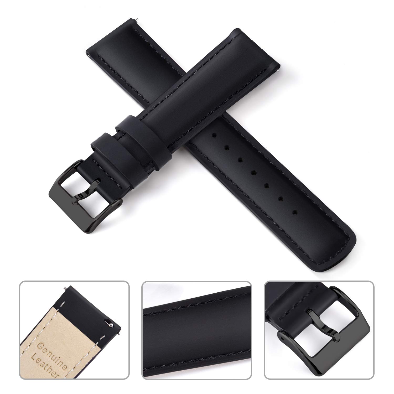 Ritche Genuine Black Leather Watch Bands 22mm Classic Vintage Quick Release Top Grain Leather Watch Strap, White Elephant Gifts, Stocking Stuffers for Men