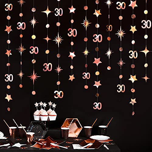 Rose Gold 30th Birthday Decorations Number 30 Circle Dot Twinkle Star Garland Metallic Hanging Streamer Bunting Banner Backdrop for Her Dirty 30 Year Old Birthday Thirty Anniversary Party Supplies