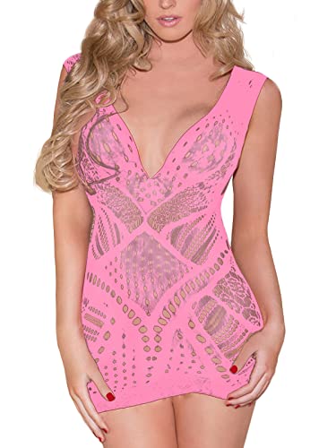 SeaFever Sexy Lingerie for Women Fishnet Bodysuit One Piece V-Neck Mini Dress Strapless Mesh Chemise Babydoll (lightpink)