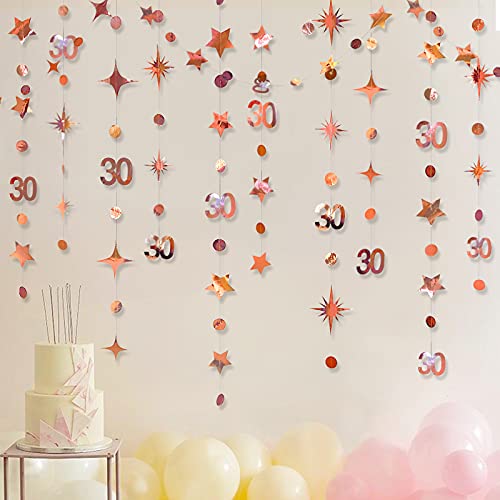 Rose Gold 30th Birthday Decorations Number 30 Circle Dot Twinkle Star Garland Metallic Hanging Streamer Bunting Banner Backdrop for Her Dirty 30 Year Old Birthday Thirty Anniversary Party Supplies