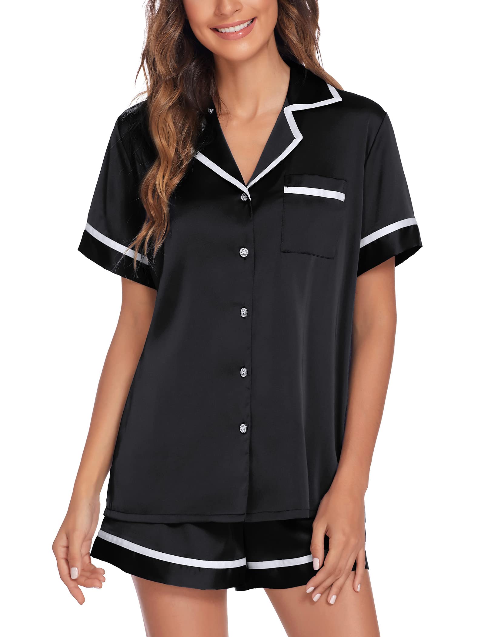 Ekouaer Silk Pajamas for Women Satin Sleepwear Short Sleeve Sleep Shirt with Shorts Soft Loungewear Pjs Set (Black,L)
