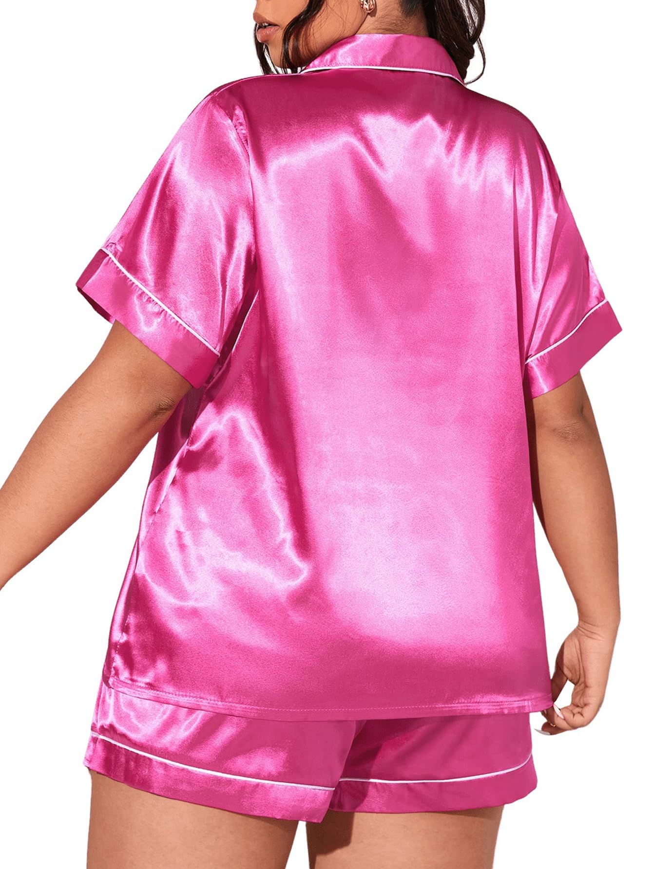 WDIRARA Women's Plus Sleepwear Satin Short Sleeve Shirt and Shorts Pajama Set Hot Pink 2XL