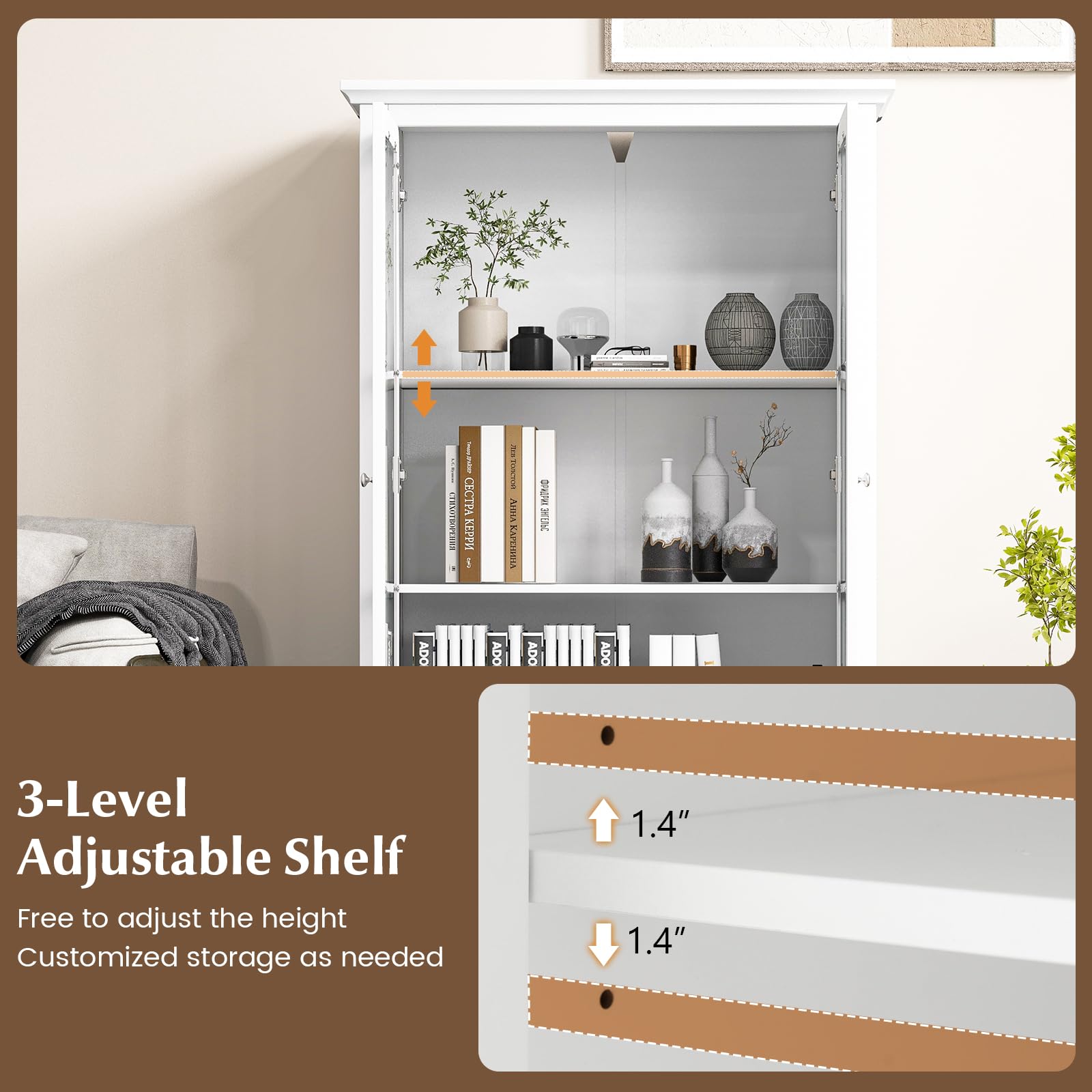 Giantex 55" White Bookcase with Doors and Drawer, Tall Wooden Bookshelf Organizer with Adjustable Shelves, Freestanding Glass Display Storage Cabinet for Living Room Bedroom Kitchen Pantry