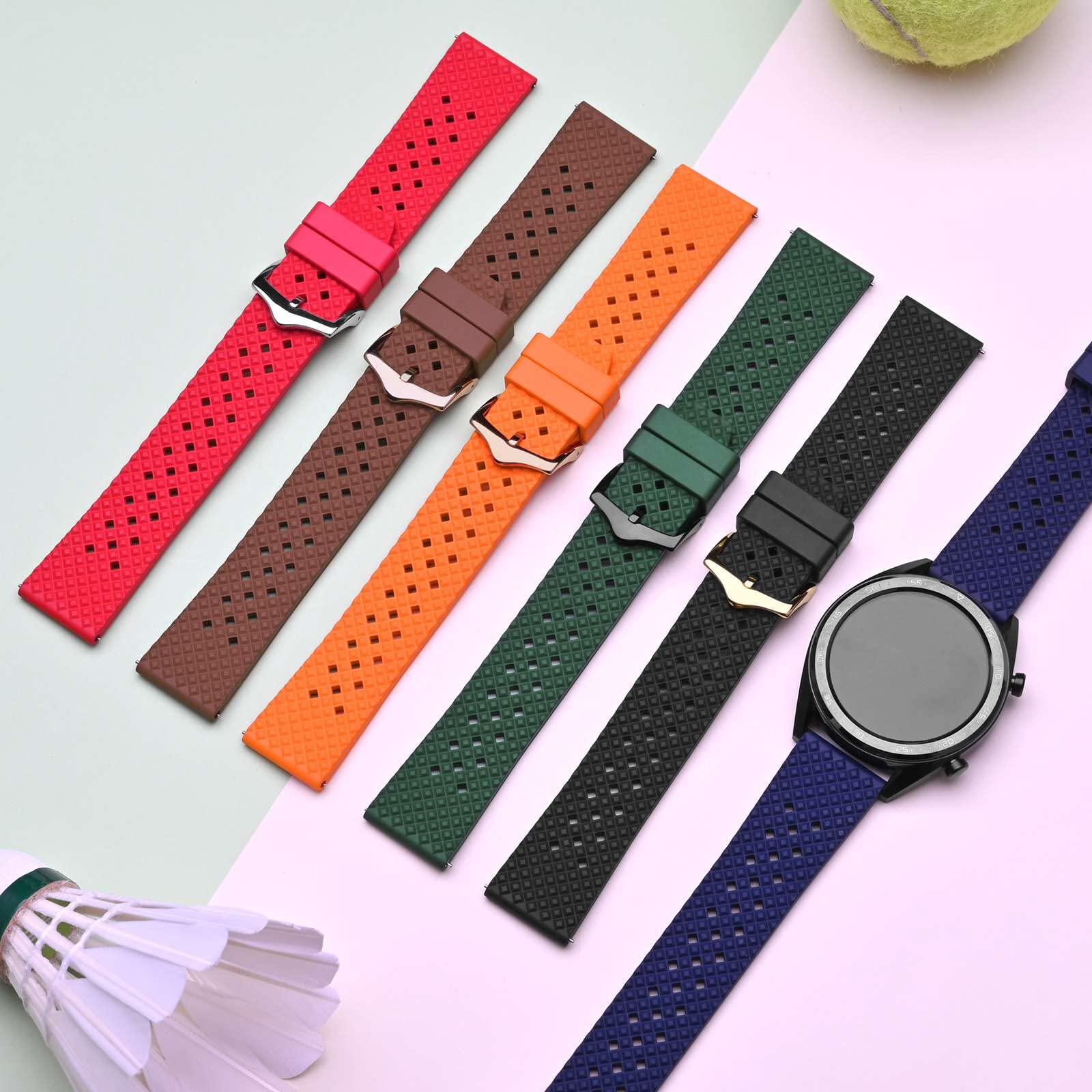 Anbeer Fluororubber Watch Band,22mm Quick Release Watch Strap for Men and Women,Black with Silver Buckle