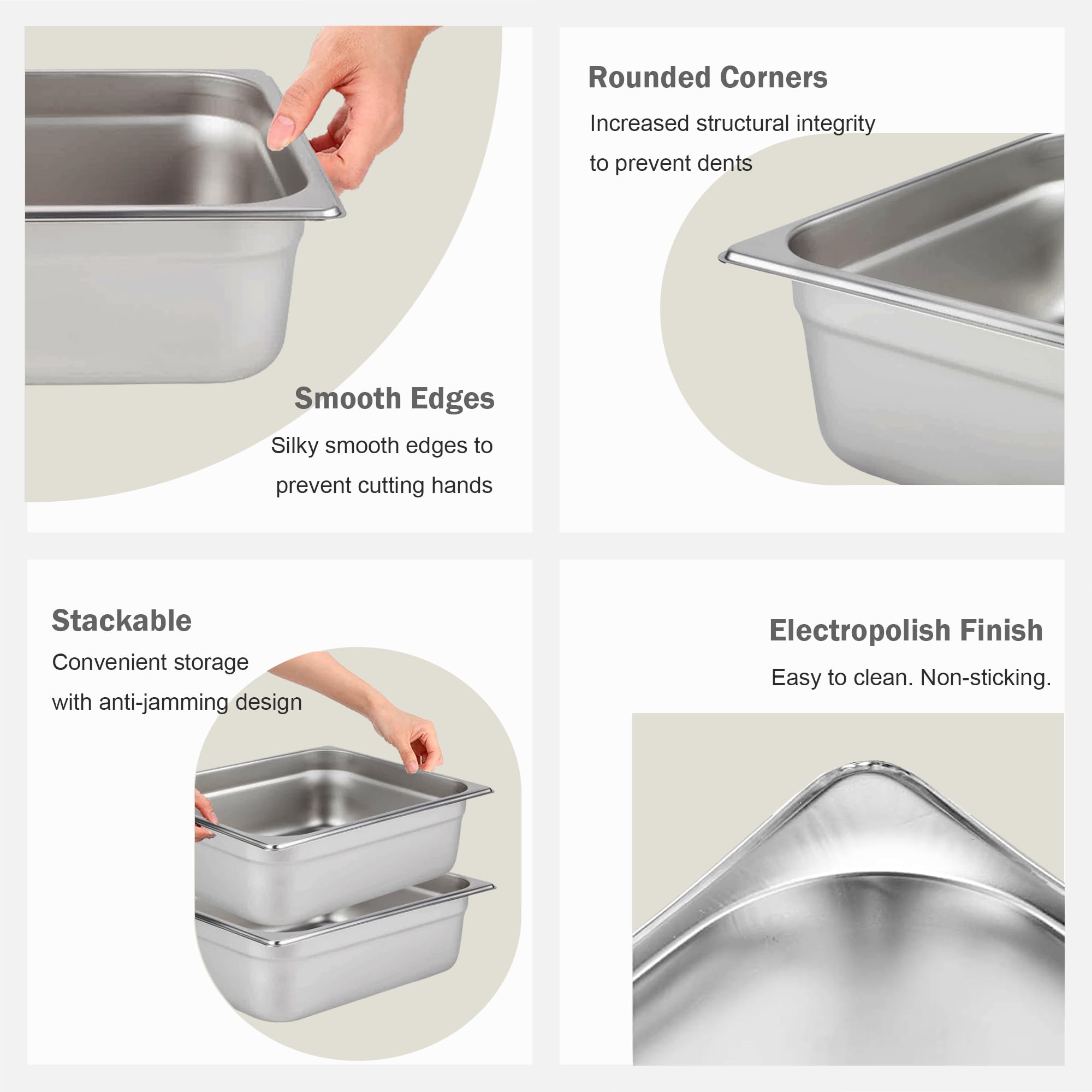 NADDA Anti-jamming 1/2 Size Steam table pan, 6-Pack Stainless steel Pan for Commercial food warmer, Food warmer buffet container, Chafing Dish set, 22 gauge. Baking Pan, Freezer storage. (4" Depth)