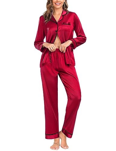 SWOMOG Womens Silk Satin Pajamas Silk Lounge Sets Two Piece Long Sleeve Button Up Shirts and Lounge Pants Set Comfy Soft Red
