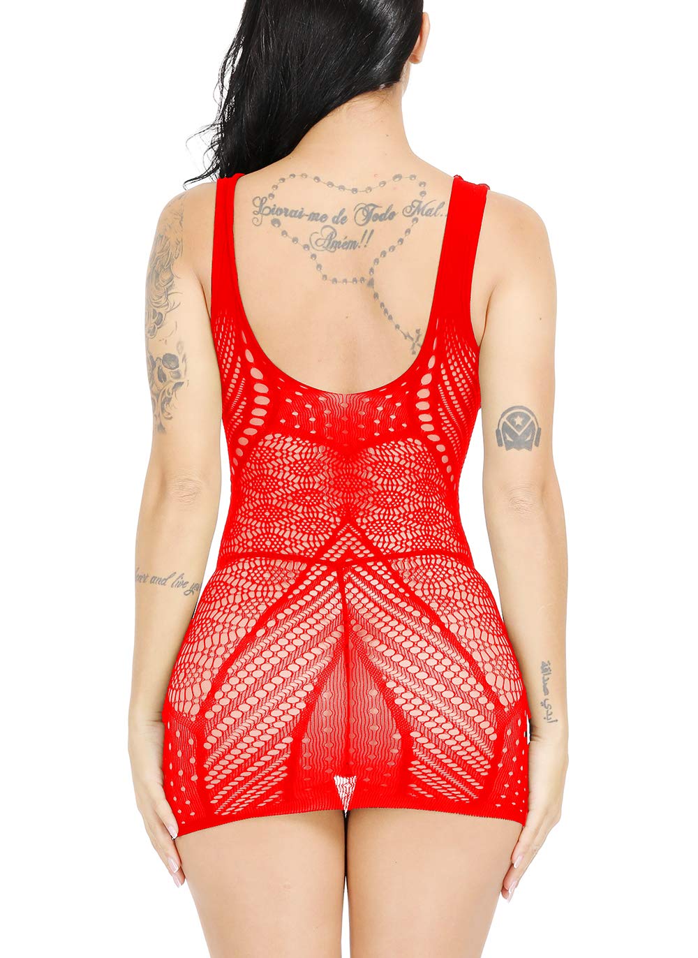 Woosifun Women Sexy Fishnet Lingerie V-Neck Babydoll Bodysuit Strapless Mesh Chemise Mini Dress One Size Red