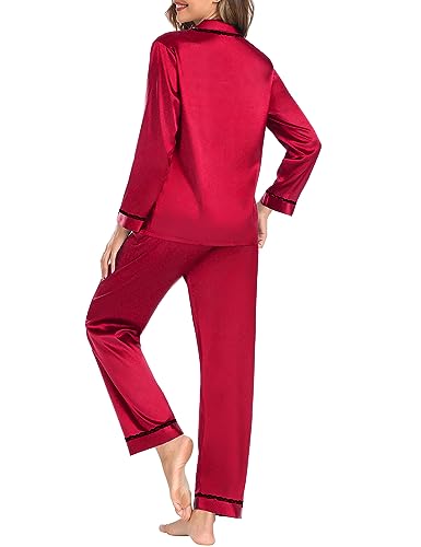 SWOMOG Womens Silk Satin Pajamas Silk Lounge Sets Two Piece Long Sleeve Button Up Shirts and Lounge Pants Set Comfy Soft Red