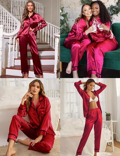 SWOMOG Womens Silk Satin Pajamas Silk Lounge Sets Two Piece Long Sleeve Button Up Shirts and Lounge Pants Set Comfy Soft Red
