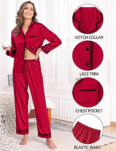 SWOMOG Womens Silk Satin Pajamas Silk Lounge Sets Two Piece Long Sleeve Button Up Shirts and Lounge Pants Set Comfy Soft Red