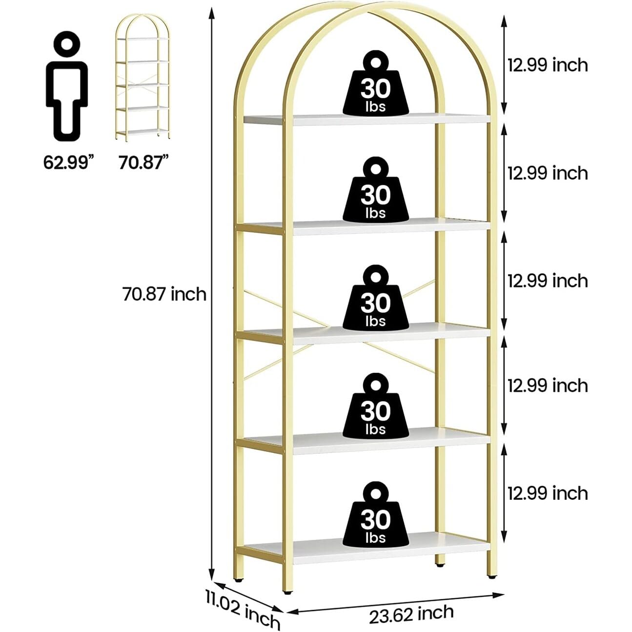 Bookshelf 5 Tier Bookcase Arched Display Racks Tall Standing Bookshelves Mental Frame Modern Storage Rack Gold Vintage Rectangular Wood Finish Solid