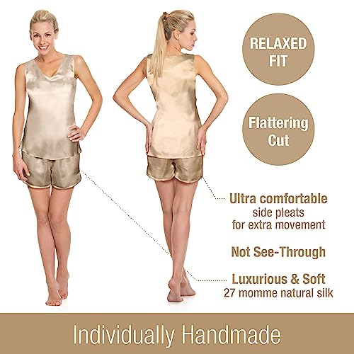 Luxury Artisan Silk Pajamas For Women Tank Set, Pure Mulberry Silk 27 Momme PJs Champagne