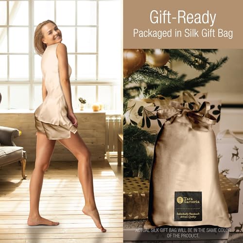 Luxury Artisan Silk Pajamas For Women Tank Set, Pure Mulberry Silk 27 Momme PJs Champagne