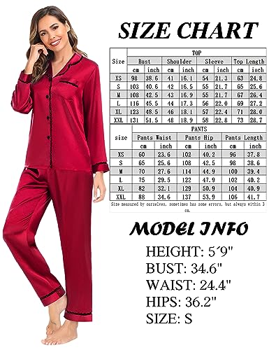 SWOMOG Womens Silk Satin Pajamas Silk Lounge Sets Two Piece Long Sleeve Button Up Shirts and Lounge Pants Set Comfy Soft Red