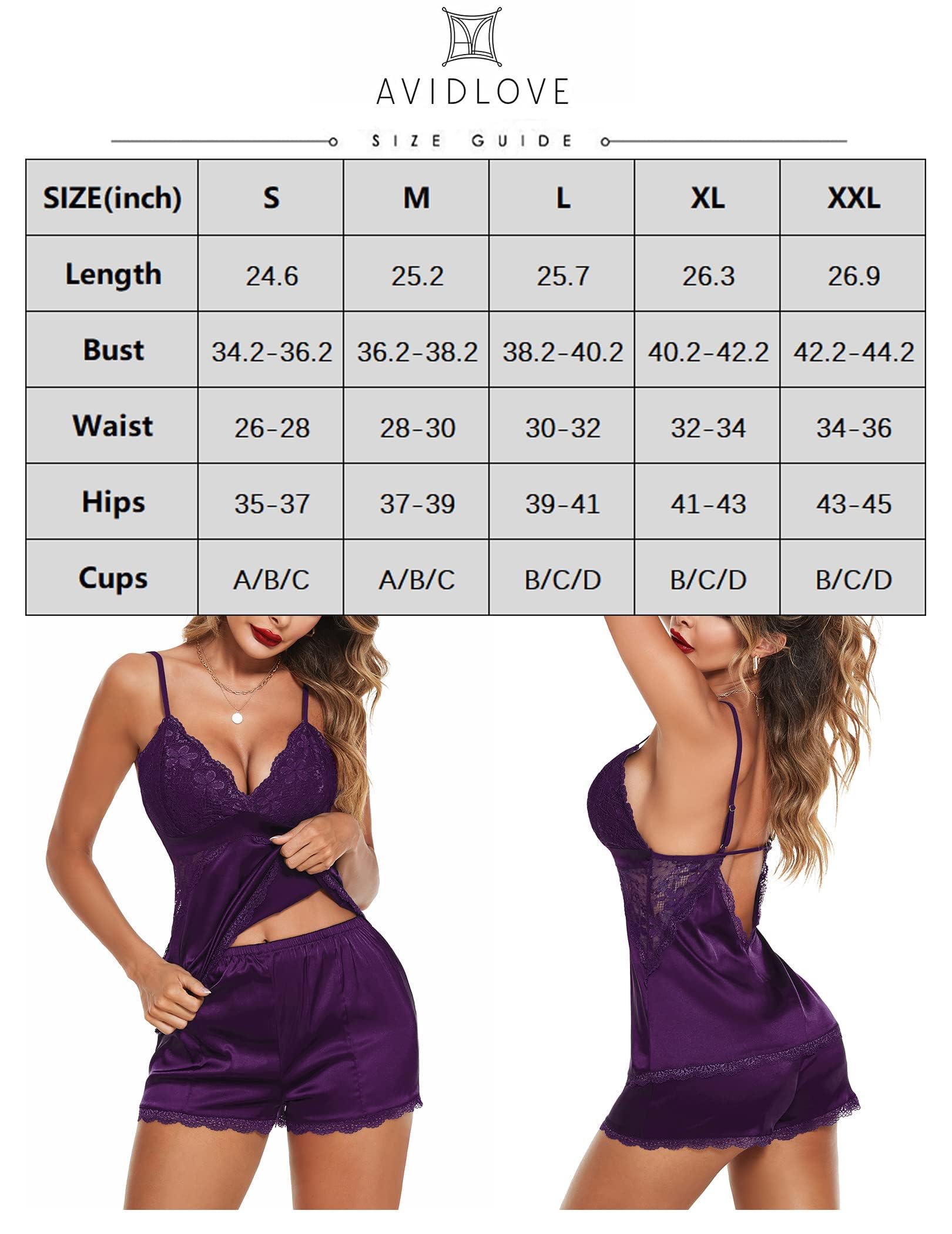 Avidlove Lingerie for Women Satin Silk Nighties Sexy Nightgown V Neck Camisole Short Sets Purple