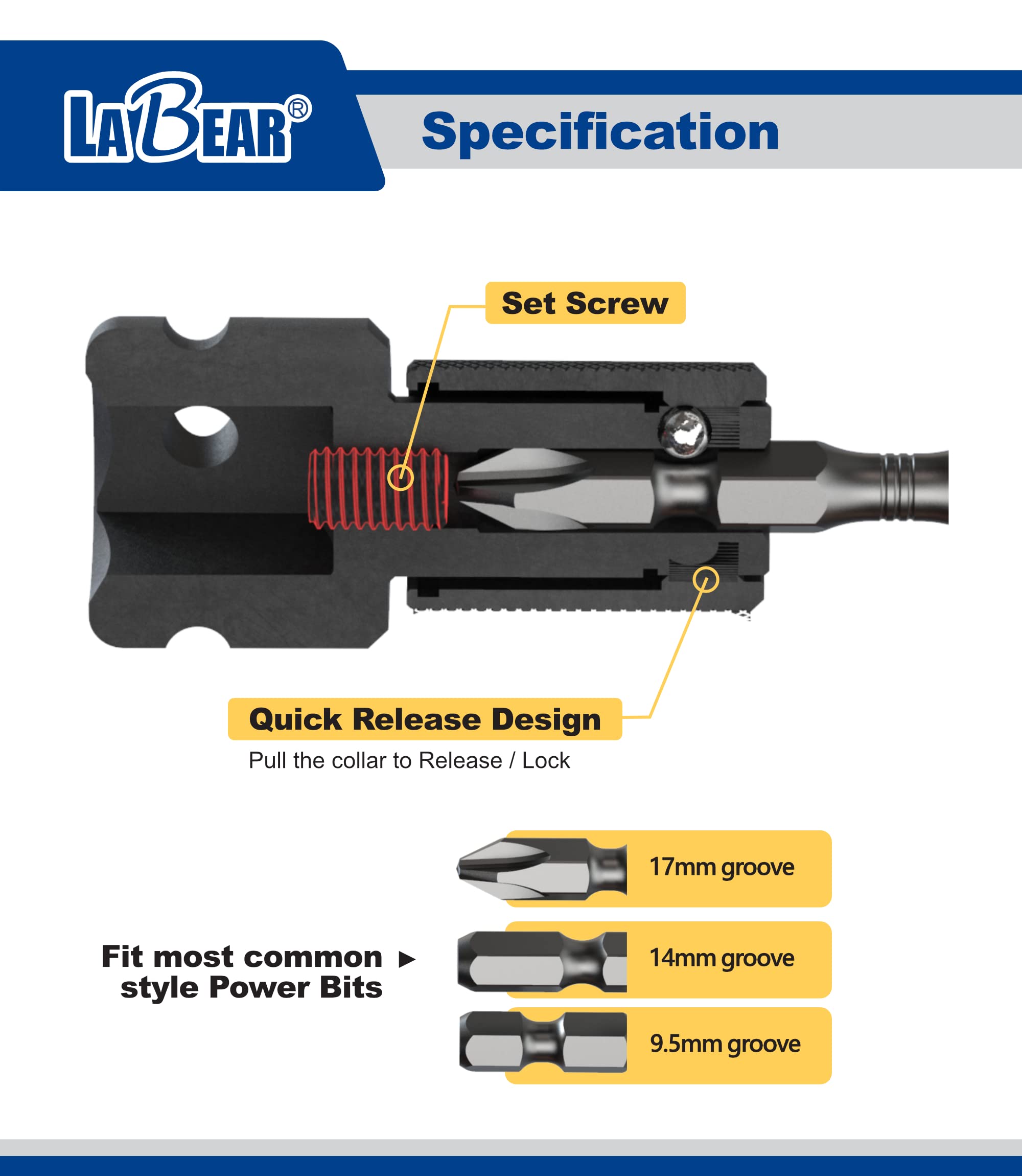 LABEAR TOOL Impact Wrench Adapter, 1/2" Drive Female to 1/4" Hex Converter, Quick Release, Quick Change Chuck, Square to Hex Bit Adapter, Impact Drill Adapter, Cr-Mo Steel Ratchet Wrenches Drivers