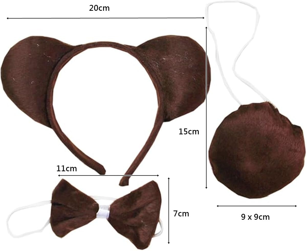Kirei Sui 3-Piece Funny Bear Costume Set with Ears Headband Bow Tie Tail Halloween Dress Up for Kids & Adults Brown