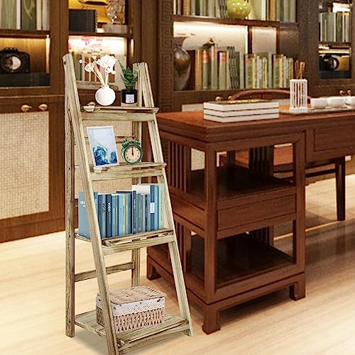 Babion Wood Ladder Shelf, 4-Tier Foldable Plant Shelf, Rustic Brown Indoor Plant Stand, Storage Rack Plant Stand for Home, Bedroom, Bathroom, Office, Industrial Style, Wooden Frame