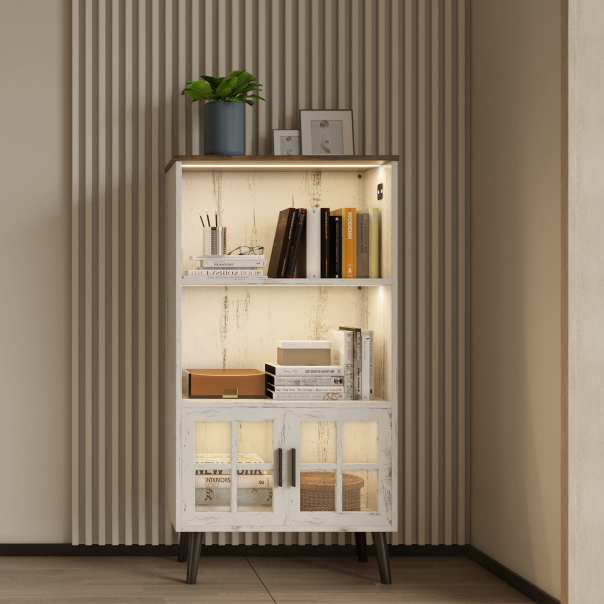 LVSOMT 3 Shelf Bookcase with LED Lights,Book Case with 2 Open Shelves, Storage Cabinet with Door, Human Body Induction Mode, Modern Wood Bookshelf for Bedroom/Living Room/Office, White