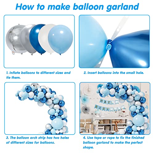 RUBFAC 147pcs Blue Balloon Garland Arch Kit Metallic Pastel Blue White Latex Balloons and 4D Silver Balloons Set for Baby Shower Wedding Birthday Party Background Decorations