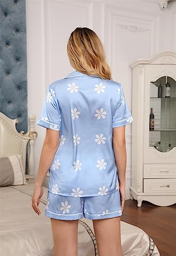 KINA FANG Women’s silk satin pajamas short sleeve loungwear button down sleepwear PJ Set L