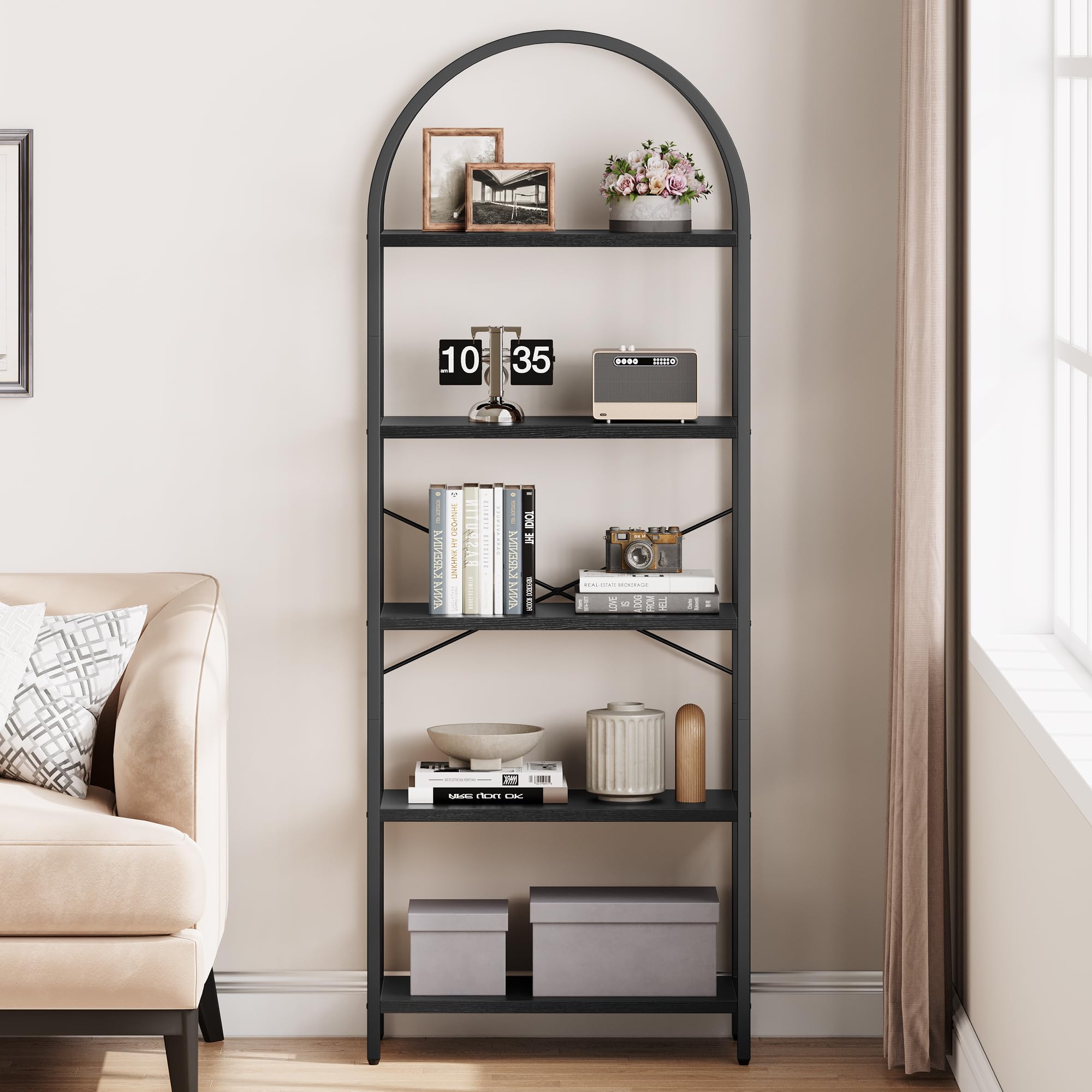 GAOMON Arched Bookshelf 5 Tier Bookcase 70.87in Tall Display Racks Modern Standing Bookshelves Metal Book Shelf for Bedroom, Living Room, Home Office