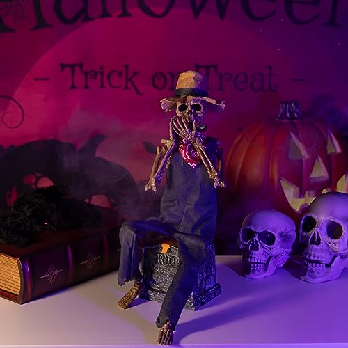GOLDFENG Halloween Decorations Indoor Lighted Skeleton, Play Music Harmonica Cowboy Player Funny Skeleton Tabletop Collectible Figurines 12.5" H