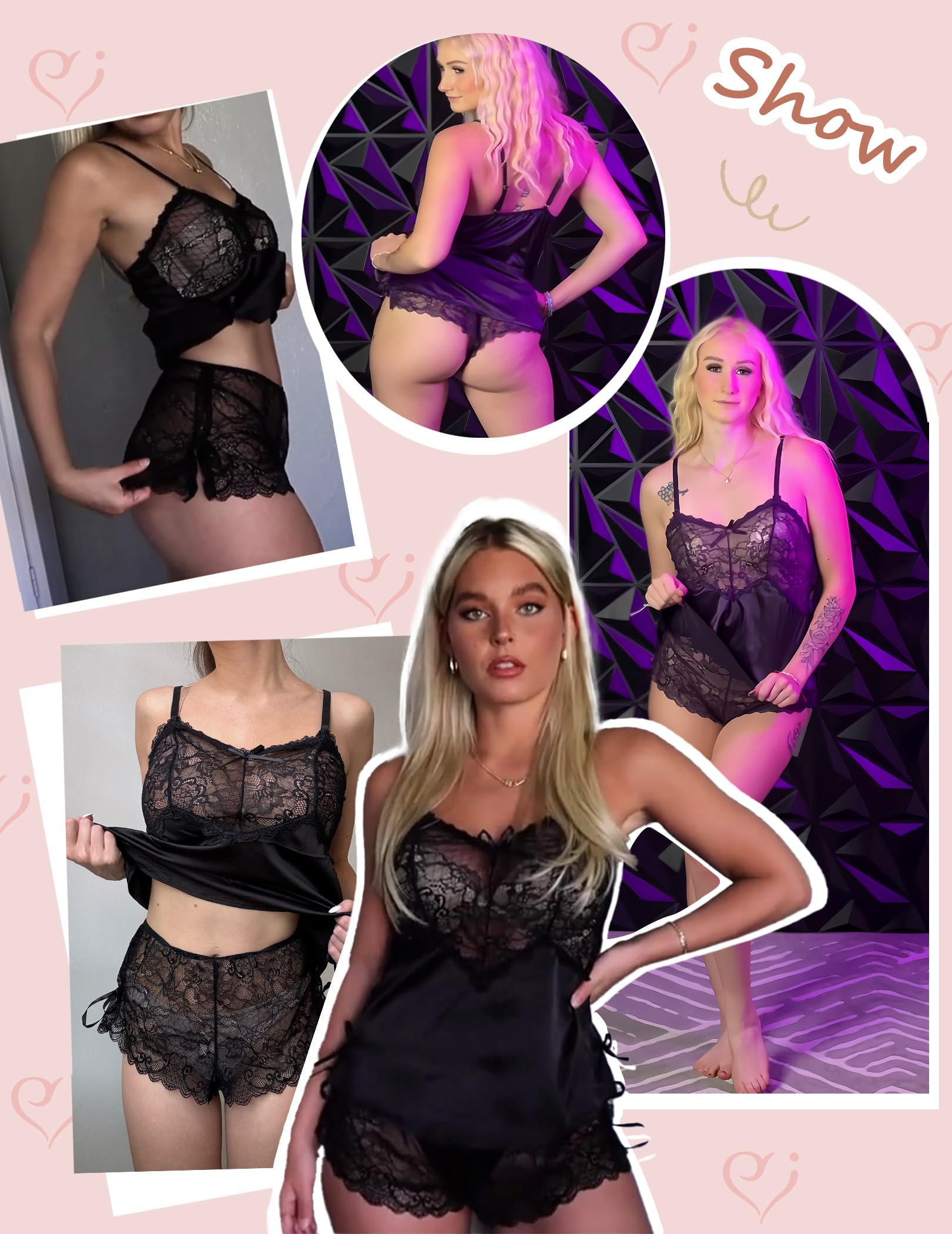 Avidlove Sexy Pajama Set for Women Satin Cami and Shorts Set Two Piece Lace Lingerie Black L