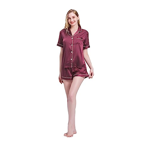 Pure as a lotus Women Sleepwear Sets Silk Pajamas Set Loungewear Button-Down Two-piece Pj Sets Shorts Nightwear Set Red