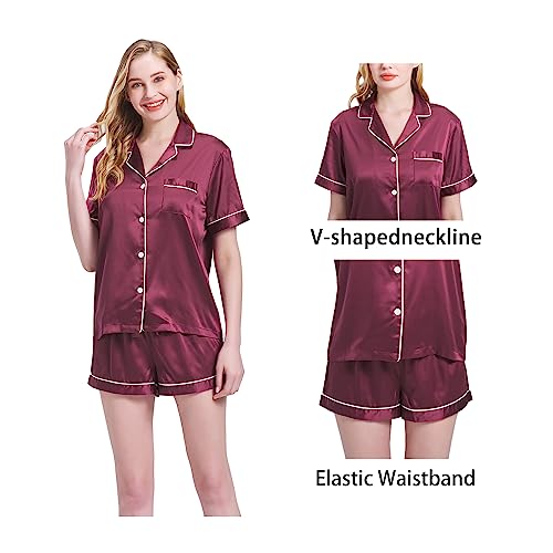 Pure as a lotus Women Sleepwear Sets Silk Pajamas Set Loungewear Button-Down Two-piece Pj Sets Shorts Nightwear Set Red