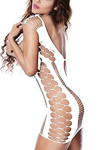 Vorifun Women Hollow Sleepwear Fishnet Lingerie One Piece Babydoll Mini Dress One Size White