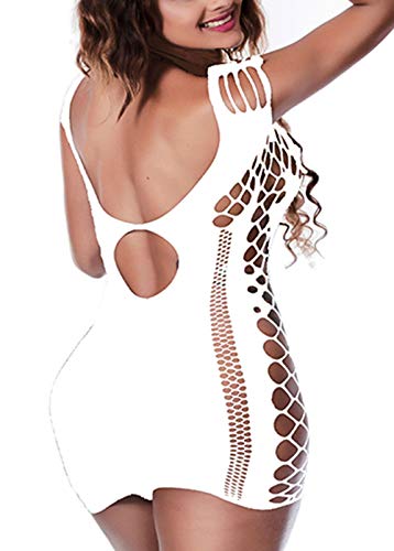 Vorifun Women Hollow Sleepwear Fishnet Lingerie One Piece Babydoll Mini Dress One Size White