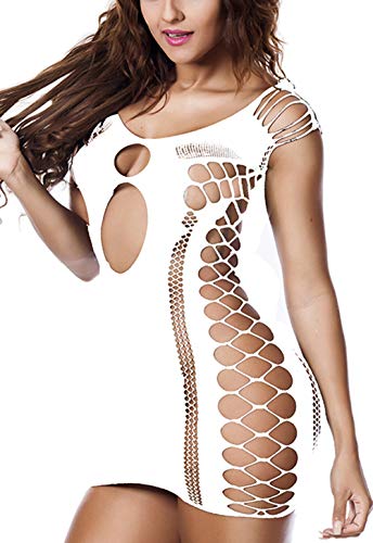 Vorifun Women Hollow Sleepwear Fishnet Lingerie One Piece Babydoll Mini Dress One Size White