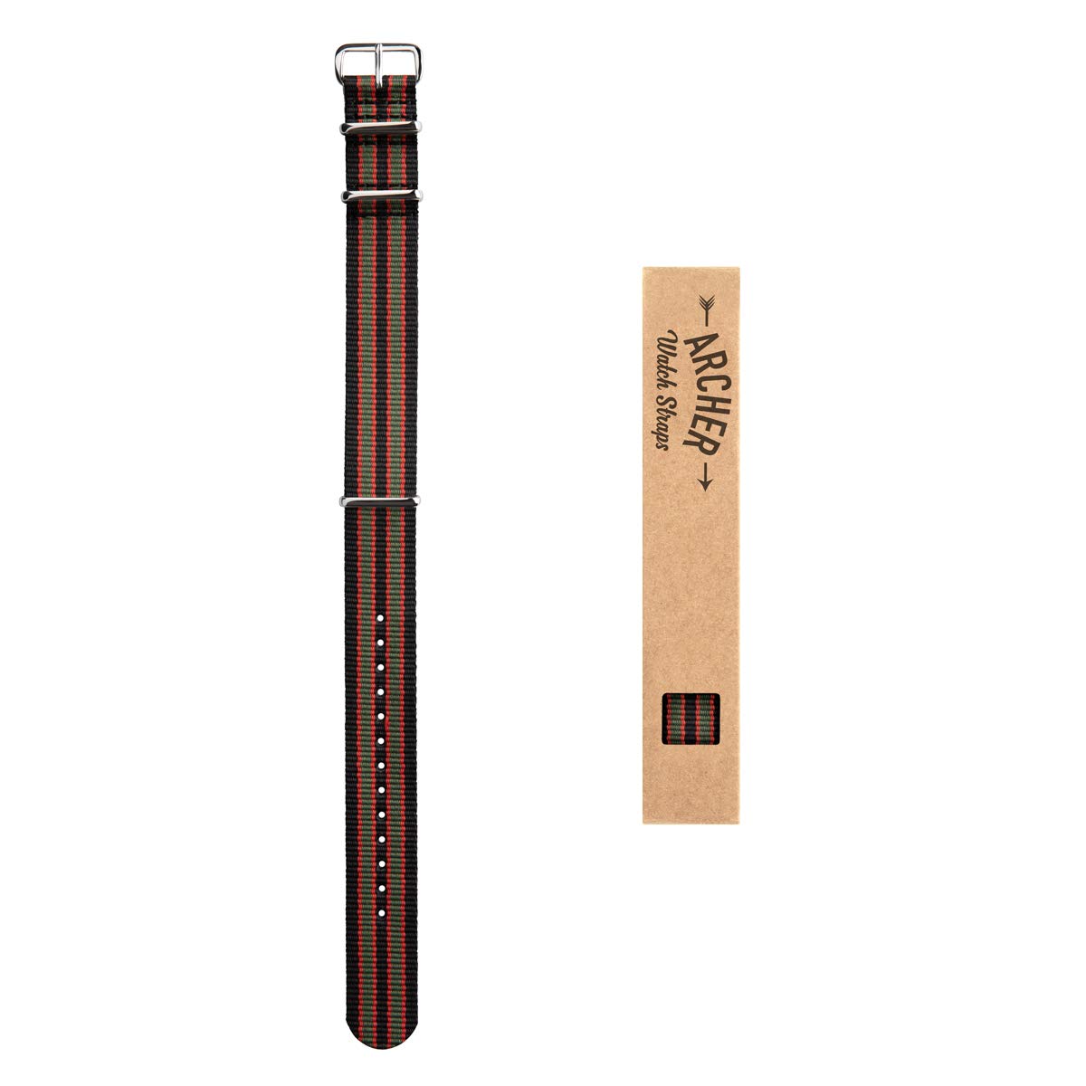 Archer Watch Straps - Classic Military Style Nylon Watch Bands (Black/Red/Green, 20mm)