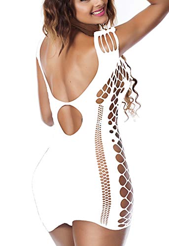 Vorifun Women Hollow Sleepwear Fishnet Lingerie One Piece Babydoll Mini Dress One Size White