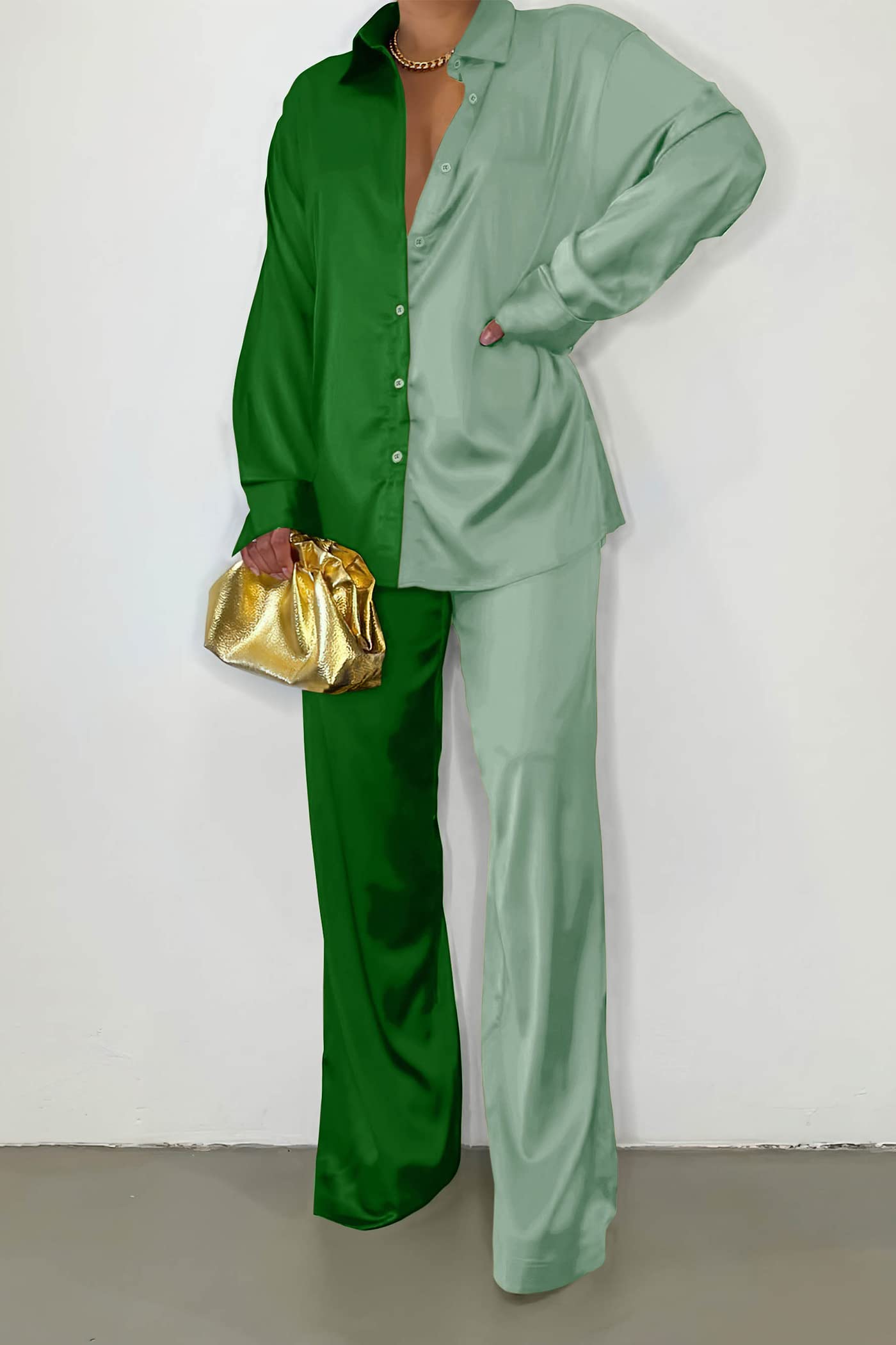 PRETTYGARDEN Women's 2 Piece Satin Outfits Long Sleeve Button Down Tops Wide Leg Pants Silk Loungewear Pajama Sets (Grass Green_Light Green,Medium)