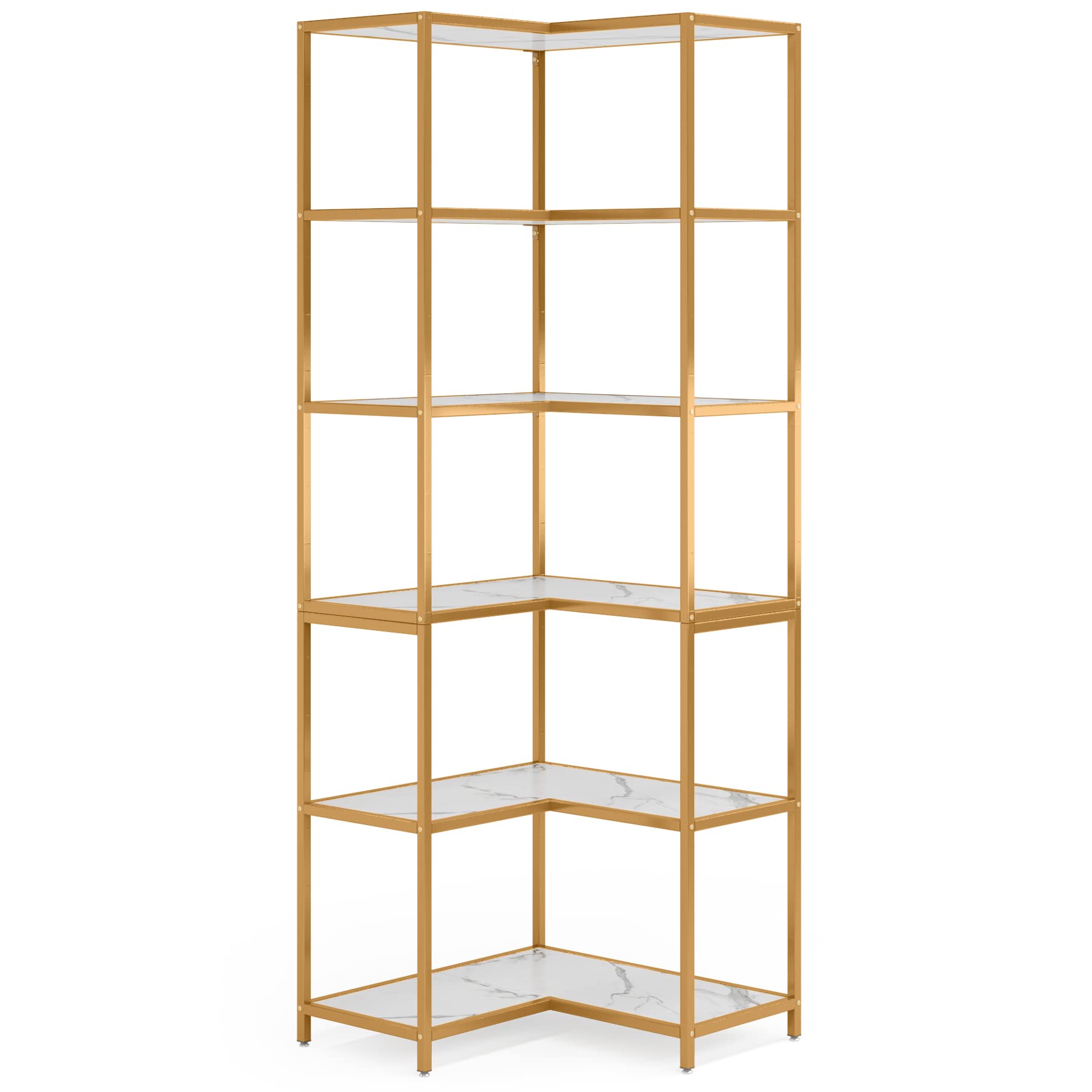 Tribesigns 6-Shelf Corner Bookshelf, 70.9" Tall L-Shaped Corner Bookcase Large Etagere Book Shelving Unit Corner Shelves Stand Storage Display Rack with Metal Frame for Living Room Office, White Gold
