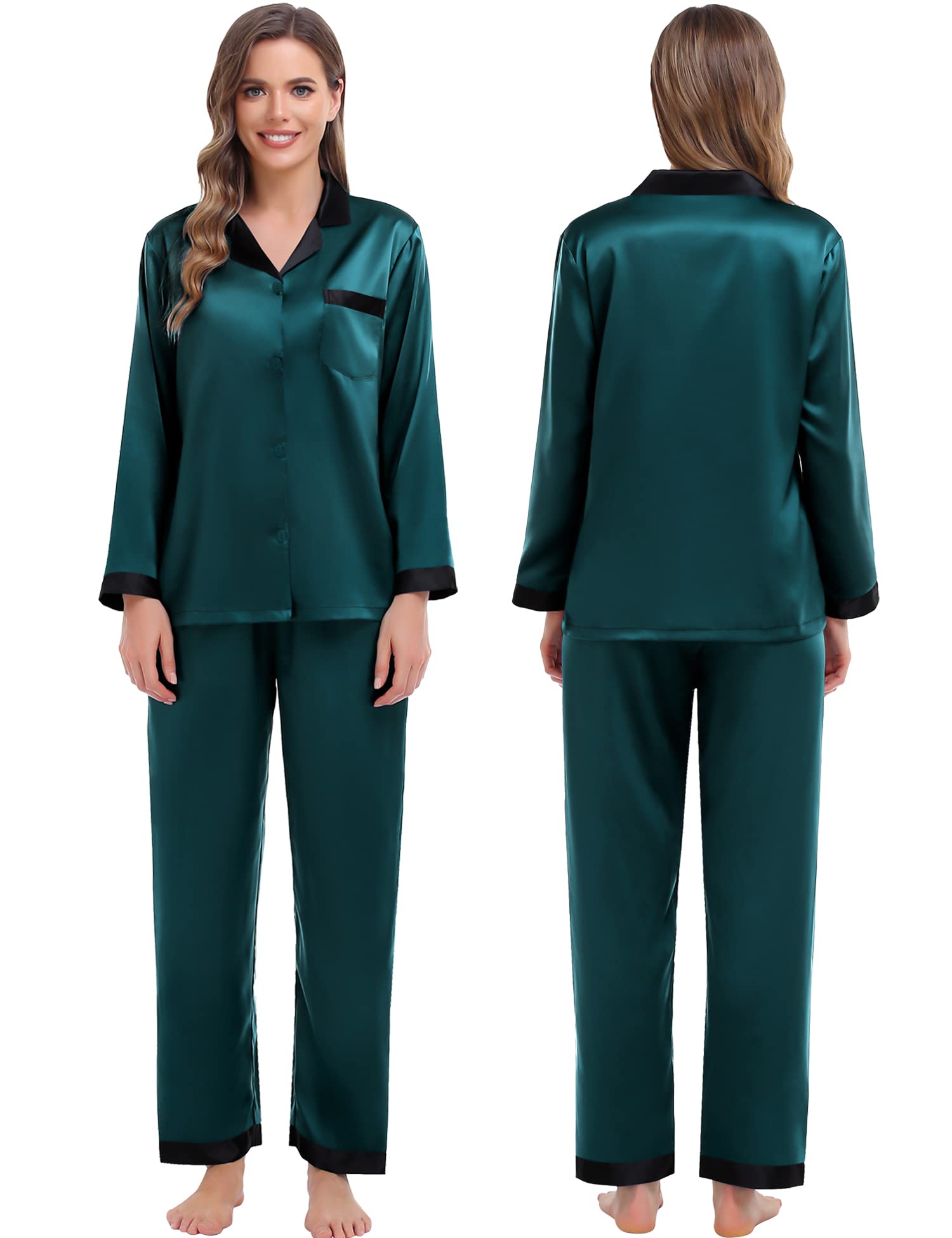SWOMOG Couples Pajama Sets Women & Men Silky Satin Long Sleeve Sleepwear Classic Button Down Soft Loungewear Pjs Set Women Deep Green Large