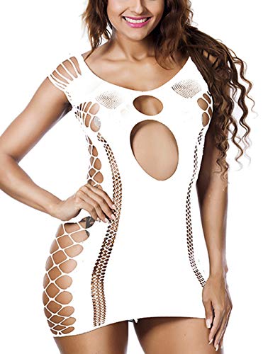 Vorifun Women Hollow Sleepwear Fishnet Lingerie One Piece Babydoll Mini Dress One Size White