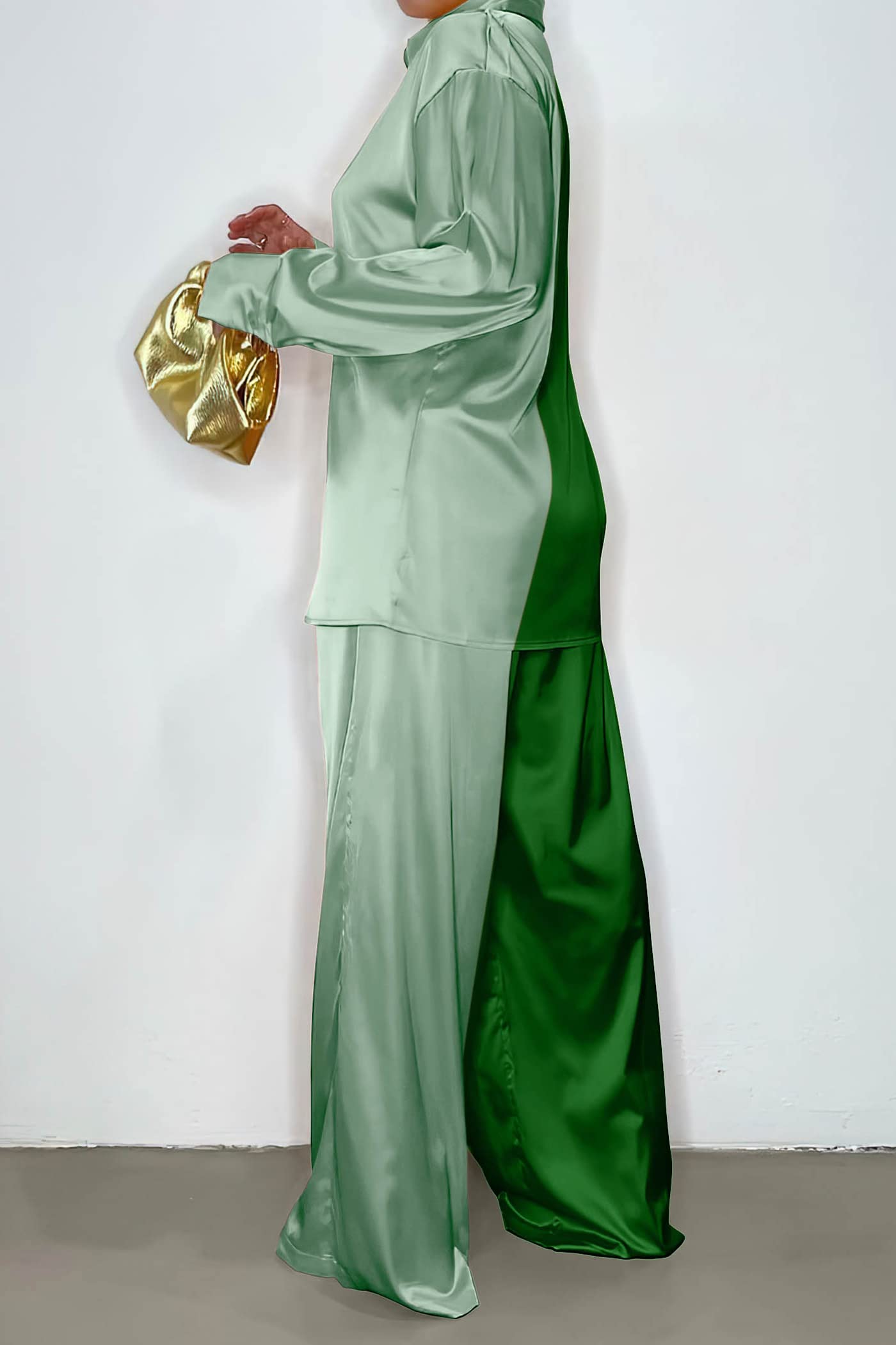 PRETTYGARDEN Women's 2 Piece Satin Outfits Long Sleeve Button Down Tops Wide Leg Pants Silk Loungewear Pajama Sets (Grass Green_Light Green,Medium)
